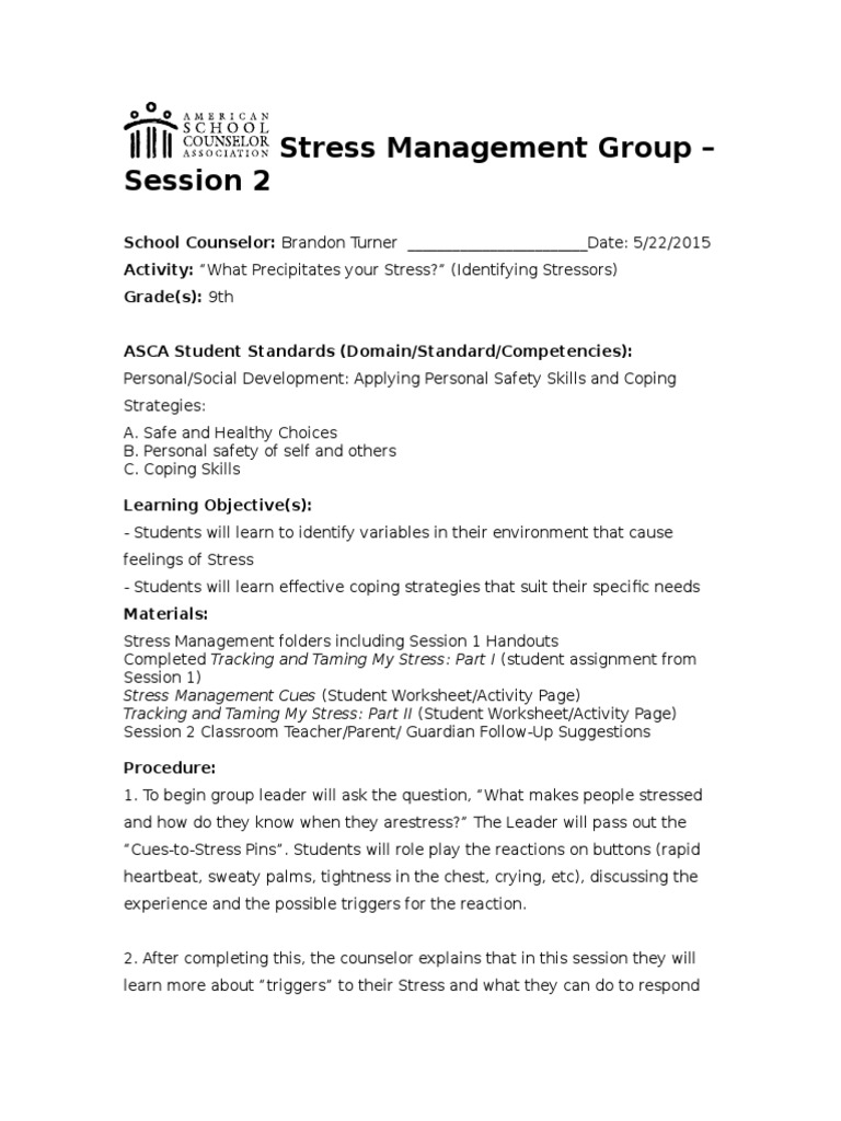 Asca Lesson Plan - Stress Management 2 | PDF | Stress (Biology ...