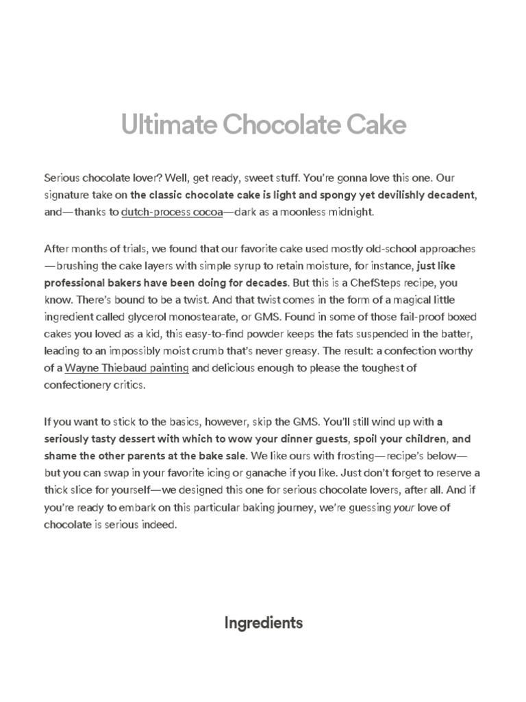 Ultimate Chocolate Cake - Recipe - ChefSteps | PDF | Cakes | Chocolate