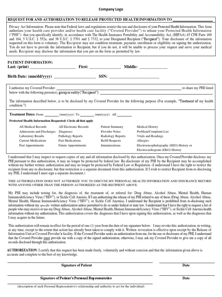 HIPAA Patient Authorization For ROI Form | PDF | Health Insurance ...