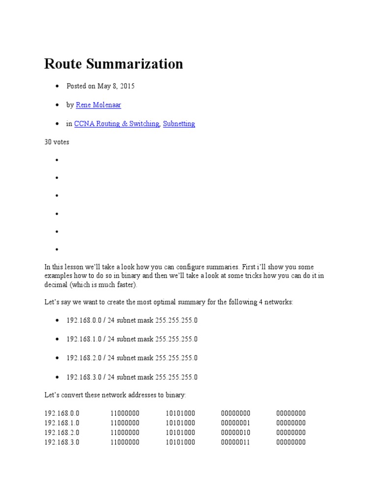 Route Summarization | PDF | Ip Address | Networking Standards