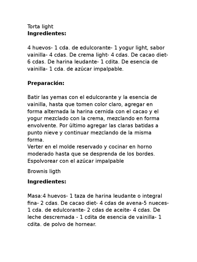 Receta Torta Ligth | PDF | Malteada | Crema