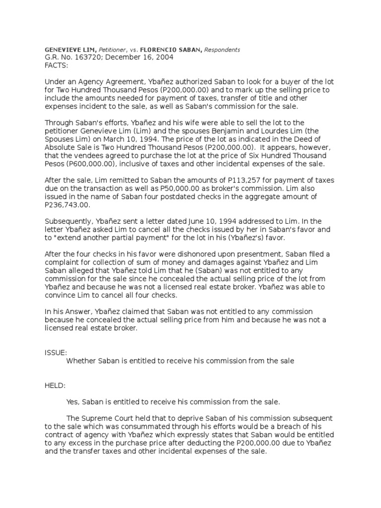 GENEVIEVE LIM, Petitioner, vs. FLORENCIO SABAN, Respondents | PDF ...