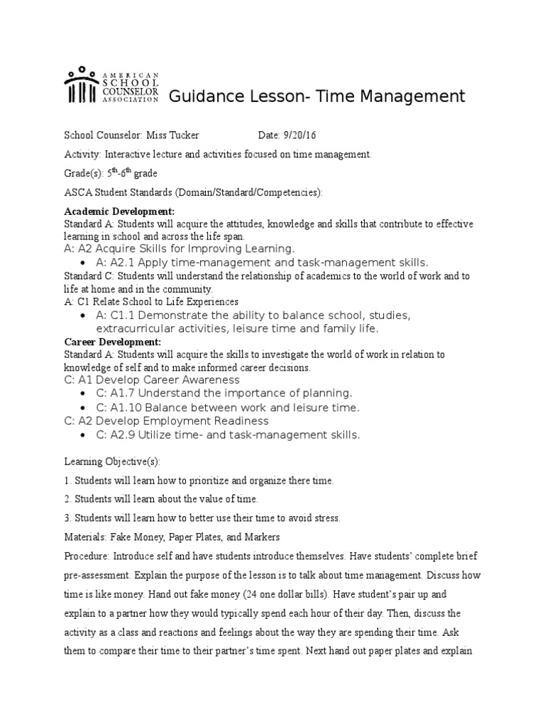 Time Management Guidance Lesson Plan | PDF | School Counselor ...