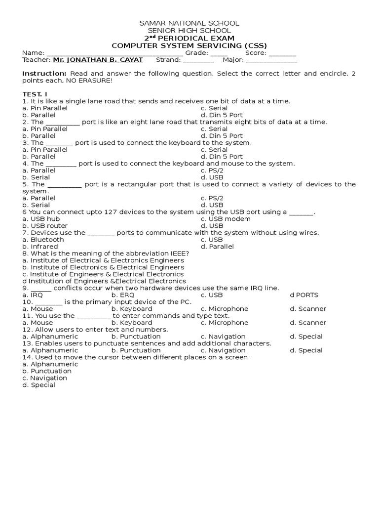 2 Periodical Exam Computer System Servicing (CSS) : Samar National School Senior High School ...