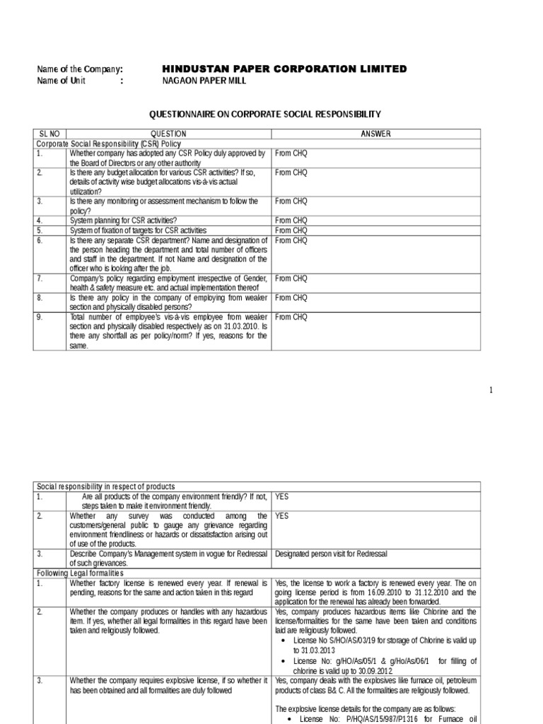 Questionnaire on Corporate Social Responsibility | Fly Ash | Corporate ...