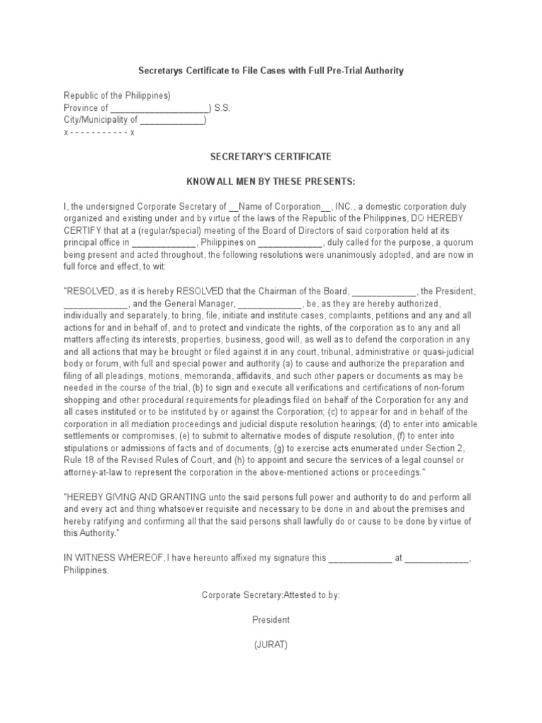 Secretary Certificate for Legal Authority | PDF | Board Of Directors ...