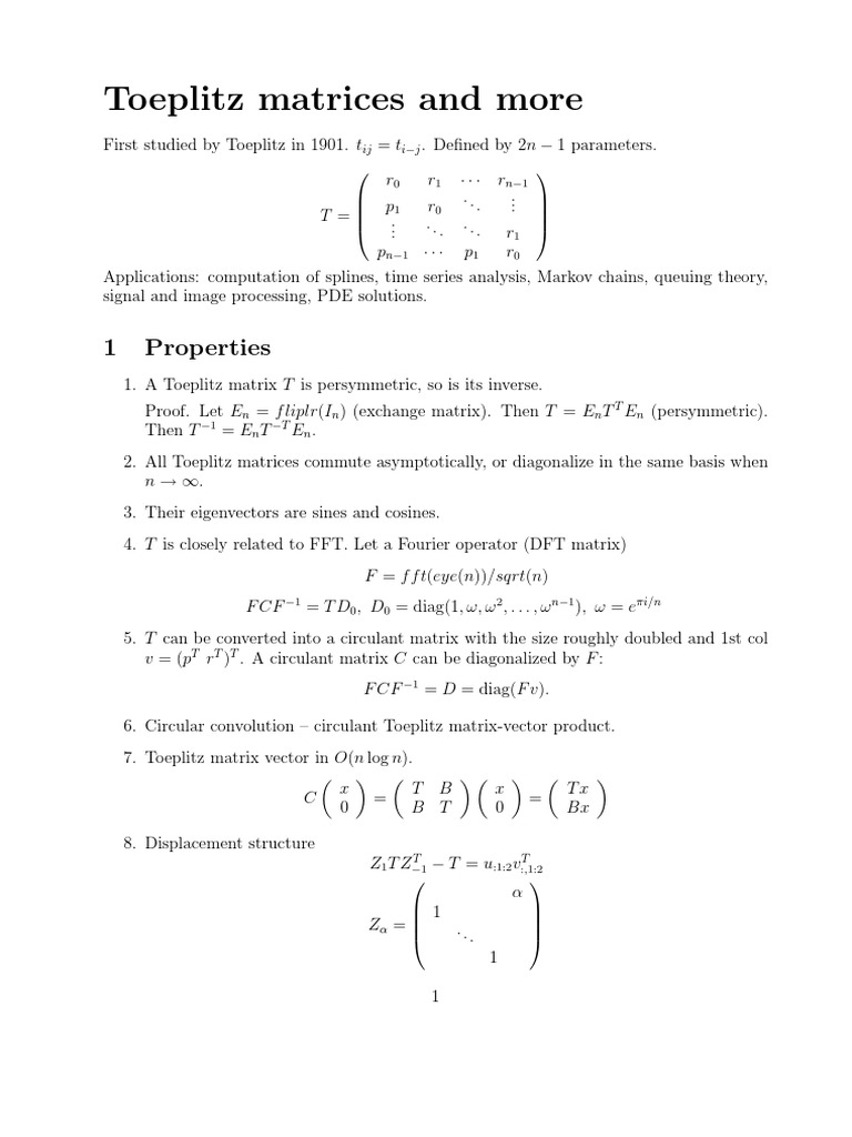 Toeplitz Marices 1 Pdf Pdf Discrete Fourier Transform Matrix 2320
