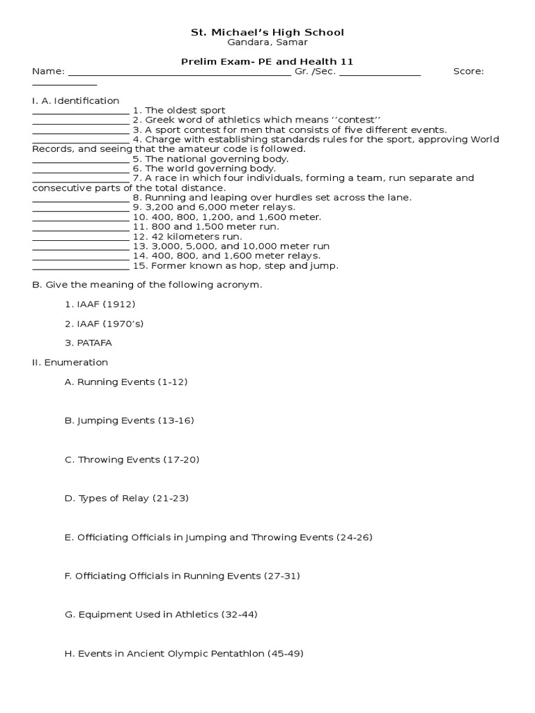 PE & Health Exam for Students | PDF