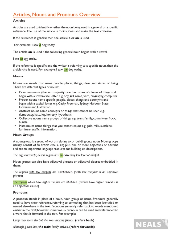 Articles, Nouns and Pronouns Overview | PDF | Pronoun | Grammatical Gender