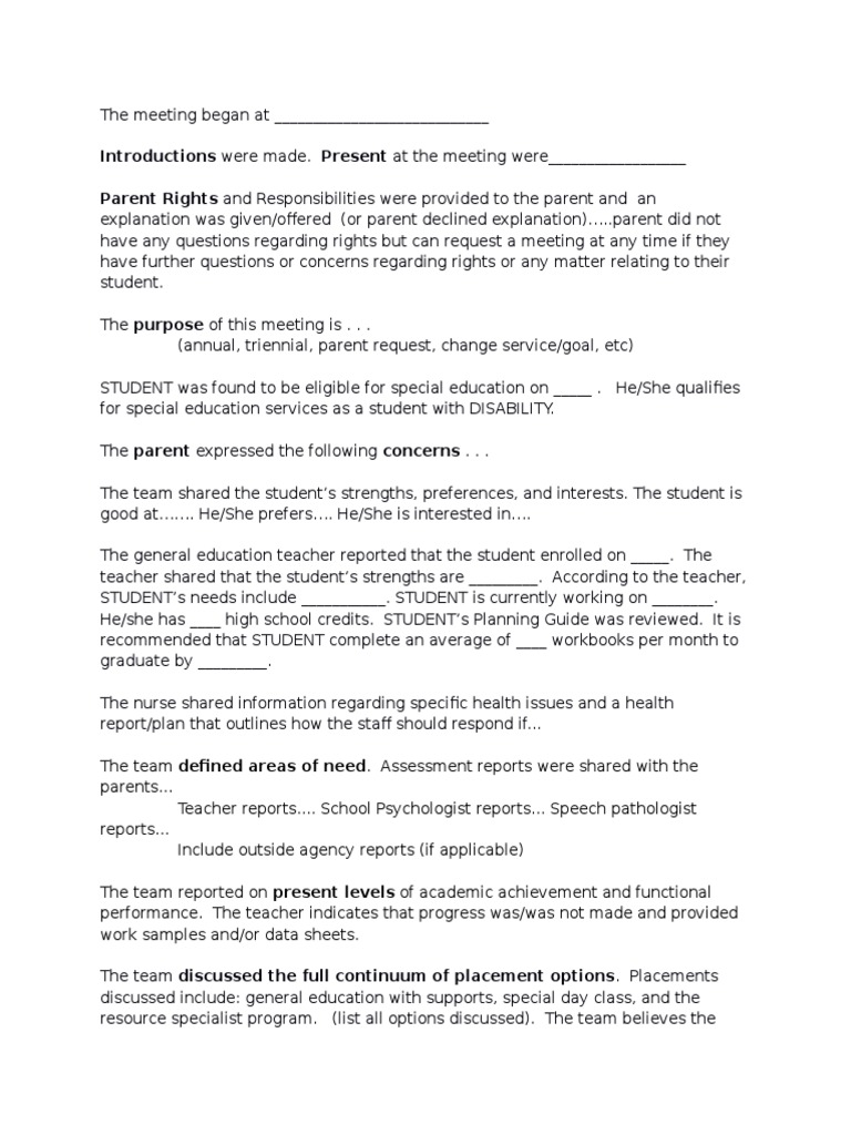 G 19-1 Iep Meeting Notes Template | PDF | Individualized Education ...