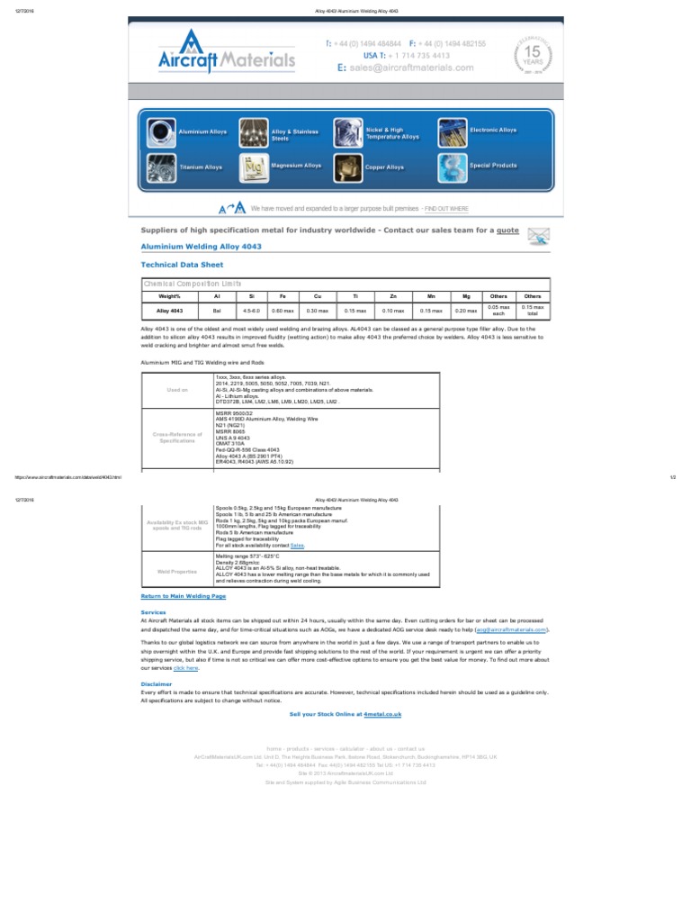 Alloy 4043 - Aluminium Welding Alloy 4043 | PDF | Aluminium | Alloy
