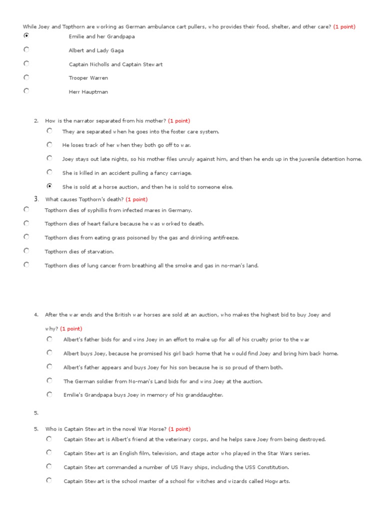 War Horse Comprehension Questions | PDF | Armed Conflict | Unrest