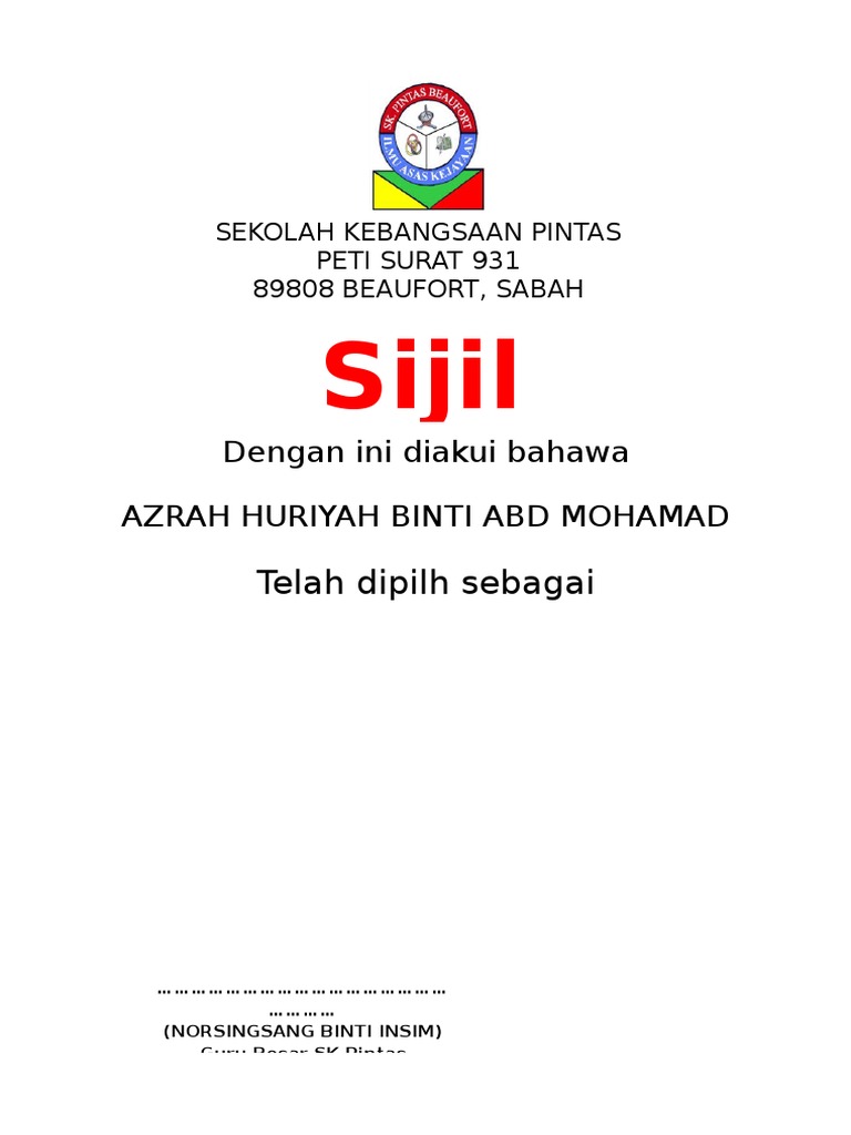 Sijil: Tokoh Murid Sk Pintas SESI 2016