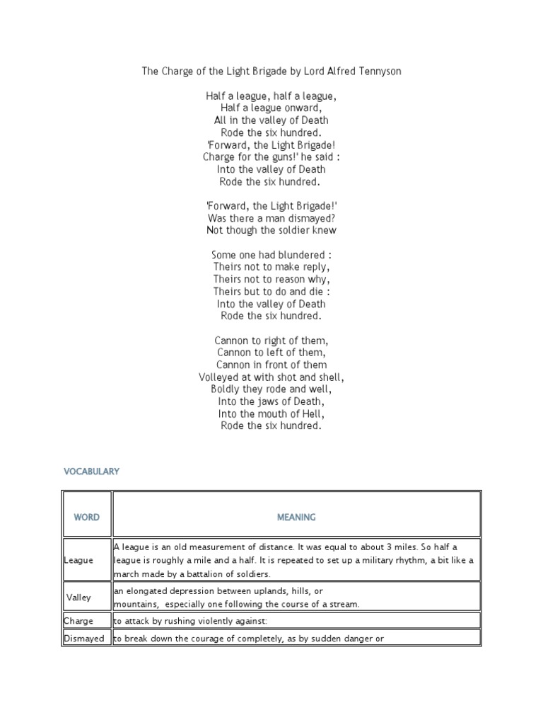 The Charge of The Light Brigade by Lord Alfred Tennyson | PDF | Poetry ...