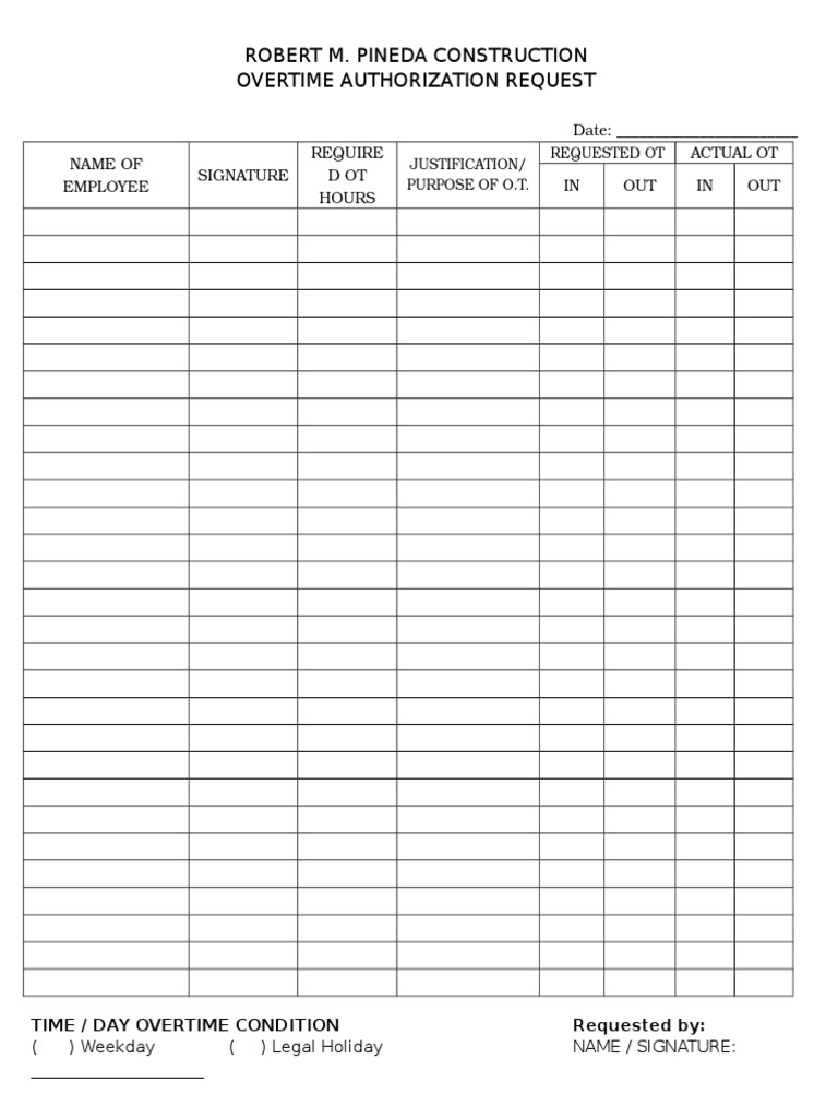 Robert M. Pineda Construction Overtime Authorization Request | PDF