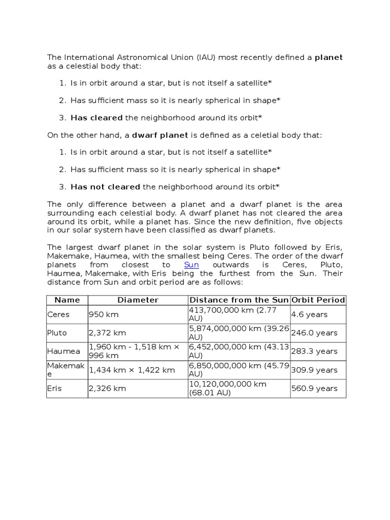 IAU definitions of planets and dwarf planets in our solar system | PDF
