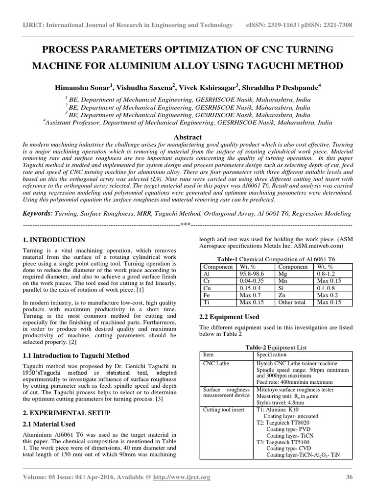 Process Parameters Optimization of CNC Turning Machine For Aluminium ...