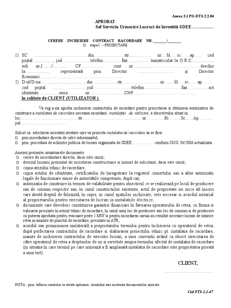 Anexa 3.1 Cerere Incheiere Contract Racordare Xproiectarex