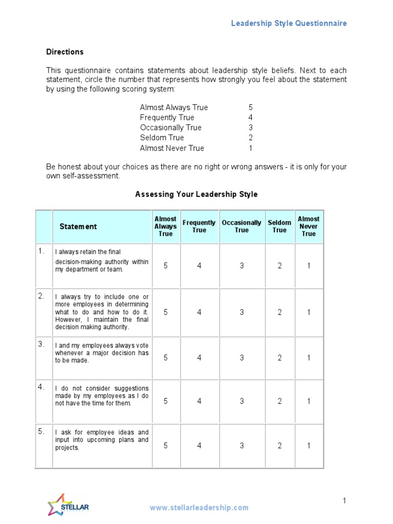 Leadership Style Self-Assessment Tool | PDF | Leadership | Decision Making