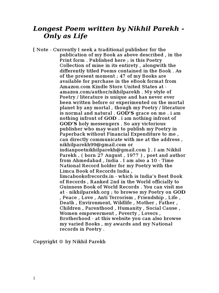 Longest poem written by Nikhil Parekh - Only as Life.doc | Poetry | Nature
