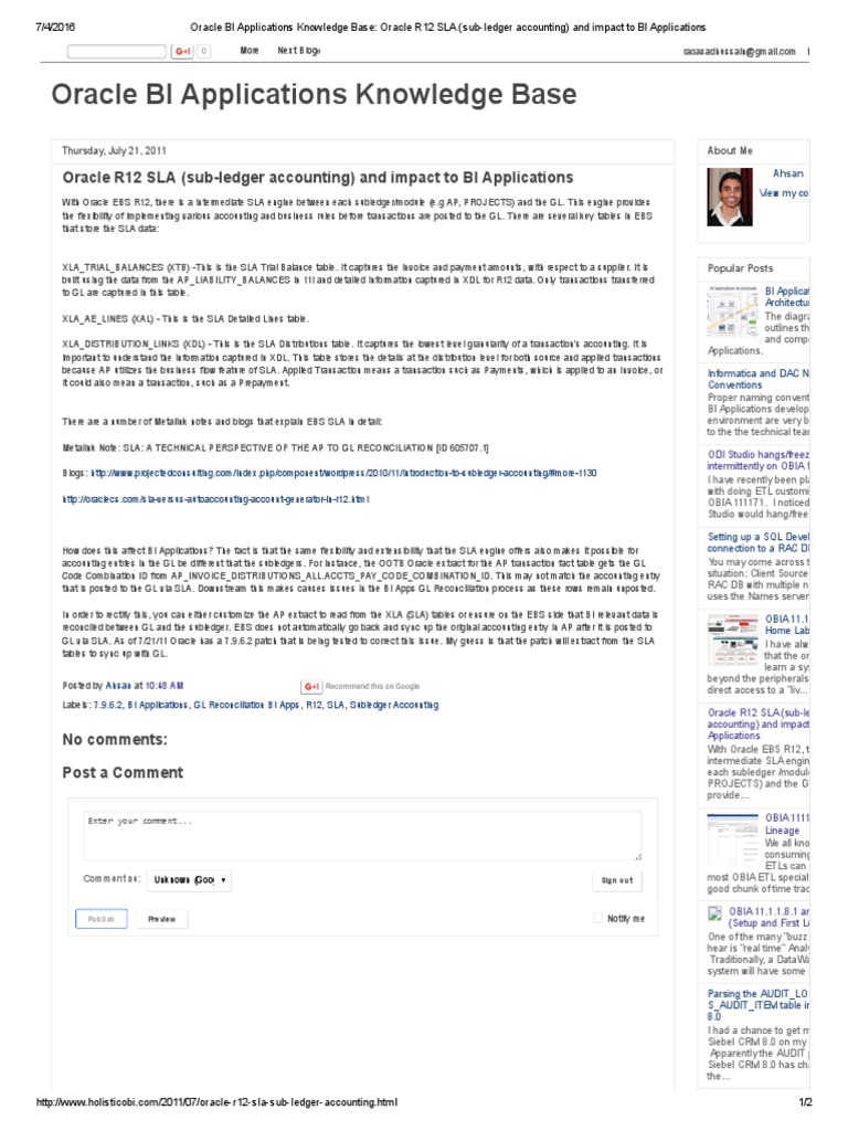 Oracle BI Applications Knowledge Base - Oracle R12 SLA (Sub-Ledger ...