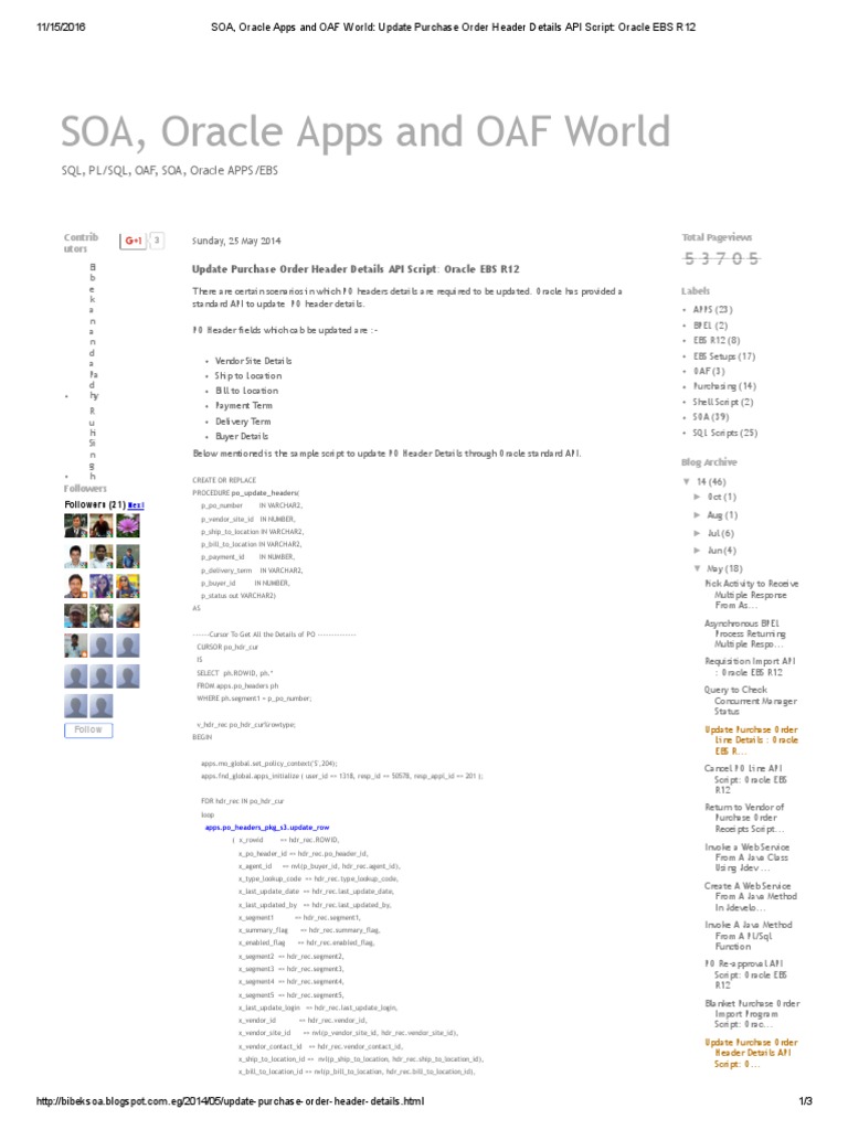 Update Purchase Order Header Details API Script - Oracle EBS R12 | PDF ...