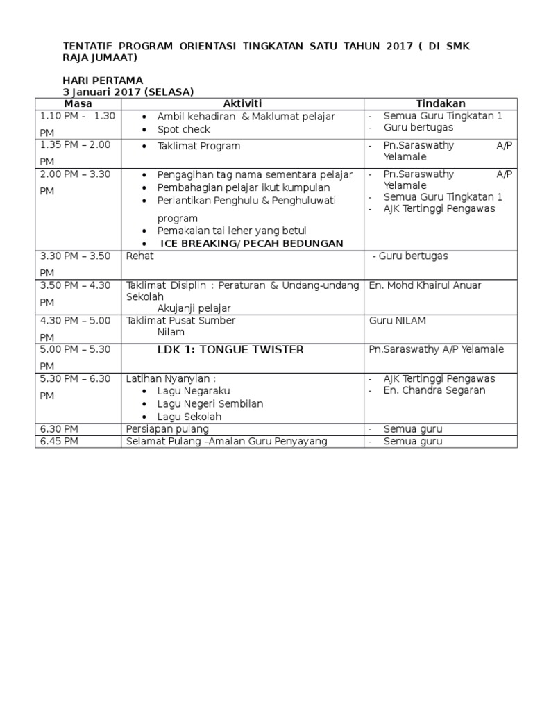 Program Orientasi Tingkatan 1 2017 | PDF