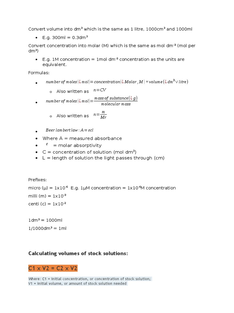Number of Moles (Mol) Concentration (Molar, M) ×volume (DM Litre) | PDF