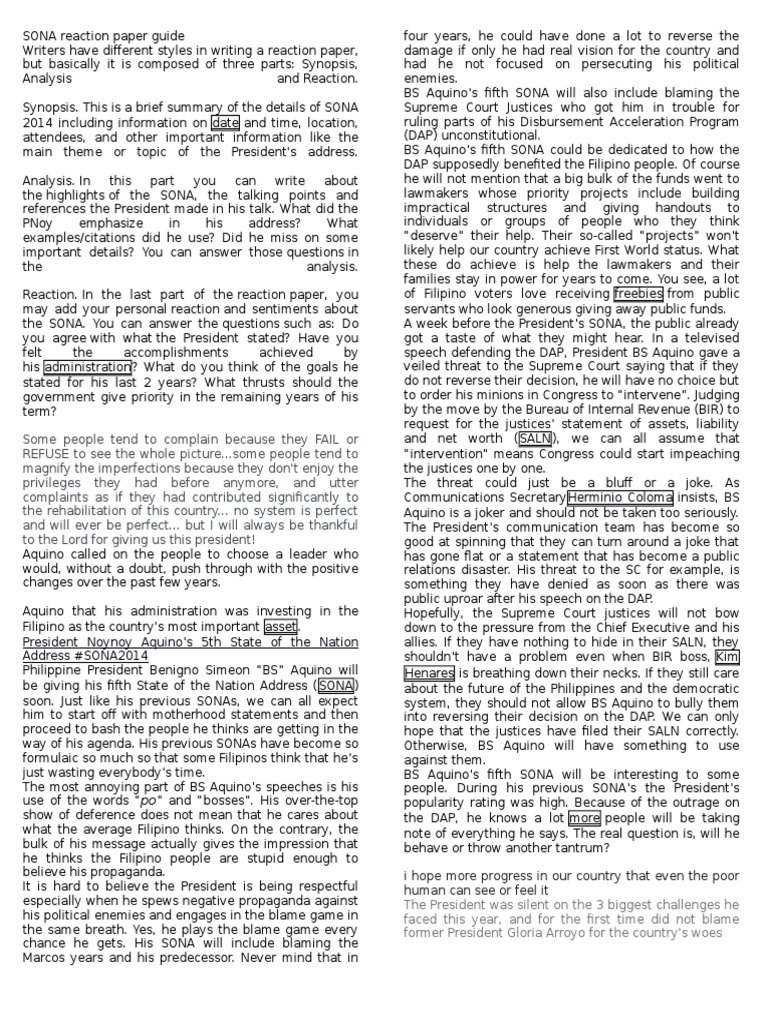 SONA Reaction Paper Guide | Download Free PDF | Corazon Aquino ...