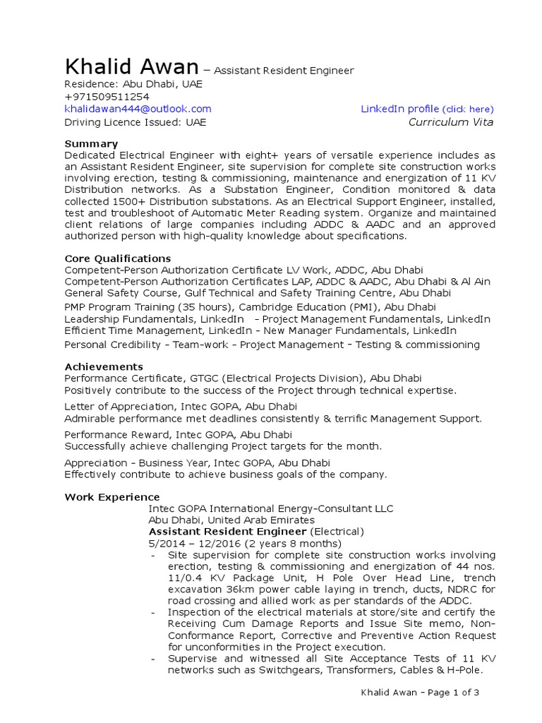 Khalid Awan - Assistant Resident Engineer | PDF | Electrical Substation ...