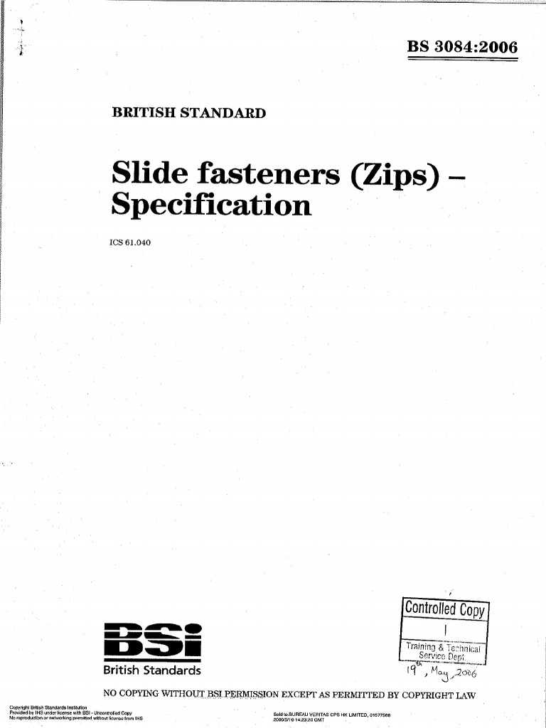 BS 3084 2006 - Zipper Reciprocating (Slide Fasteners) | PDF