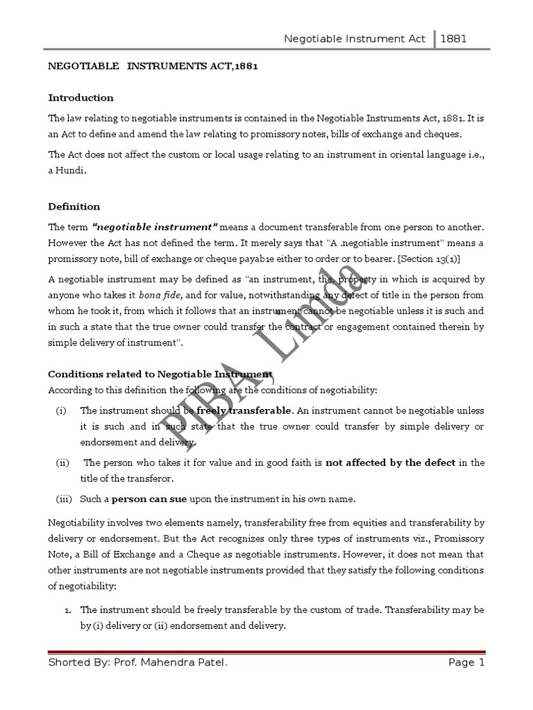 Negotiable Instrument Act | Negotiable Instrument | Promissory Note
