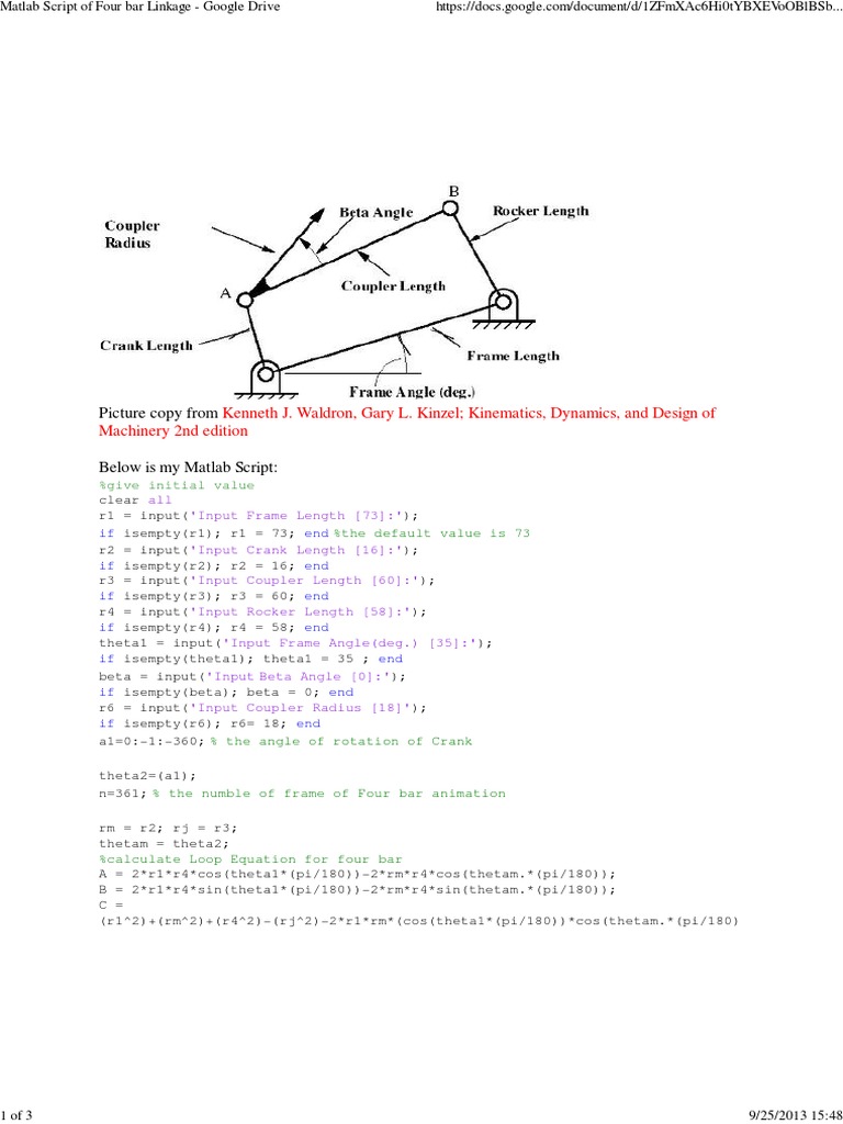 Matlab Script of Four Bar Linkage - Google Drive PDF | PDF