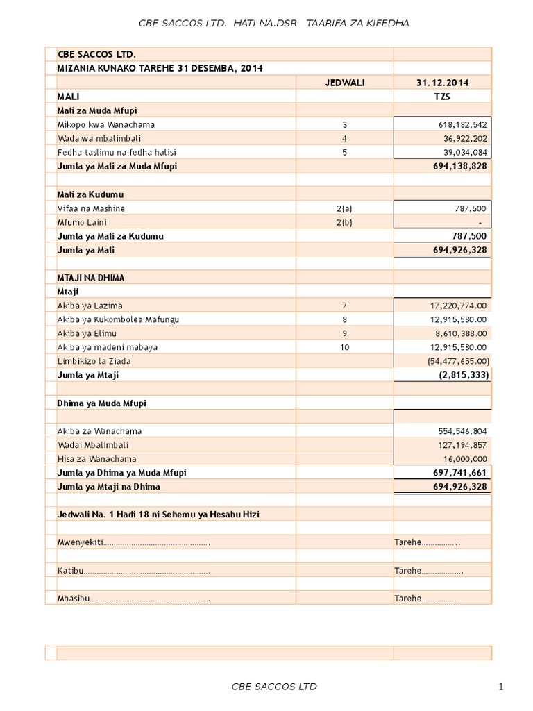 CBE SACCOS Financial Statements 2014 | PDF | Finance & Money Management