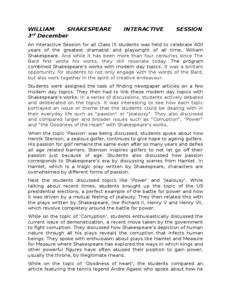 William Shakespeare Interactive Session 3 December | PDF | Play ...