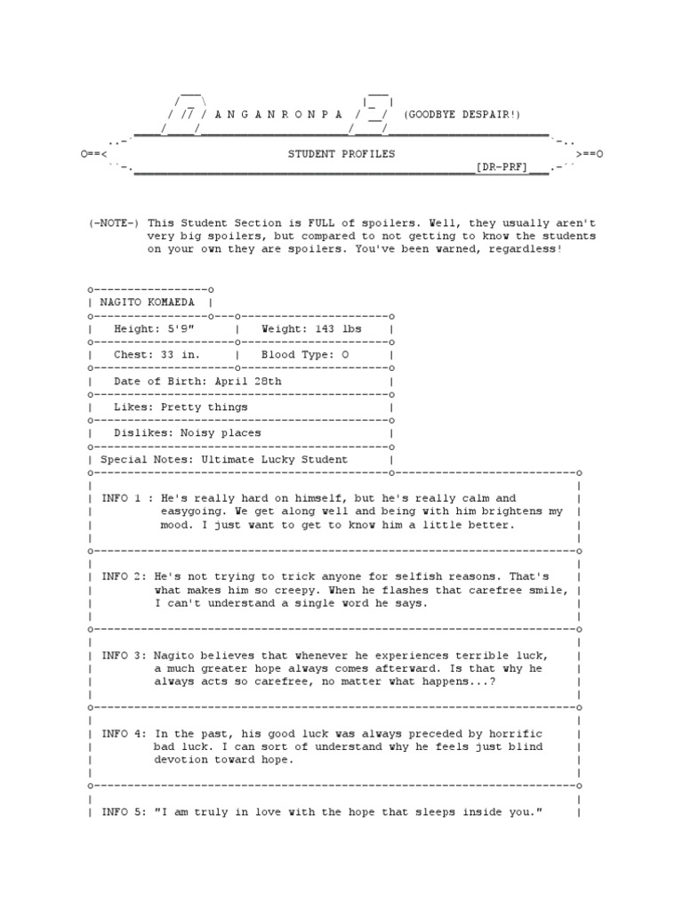 Danganronpa 2 Goodbye Despair Characters Profile | PDF | Luck | Leisure