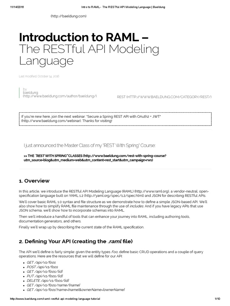 Intro To RAML - The RESTful API Modeling Language - Baeldung | PDF ... Intro To RAML - The RESTful API Modeling Language - Baeldung | PDF ...