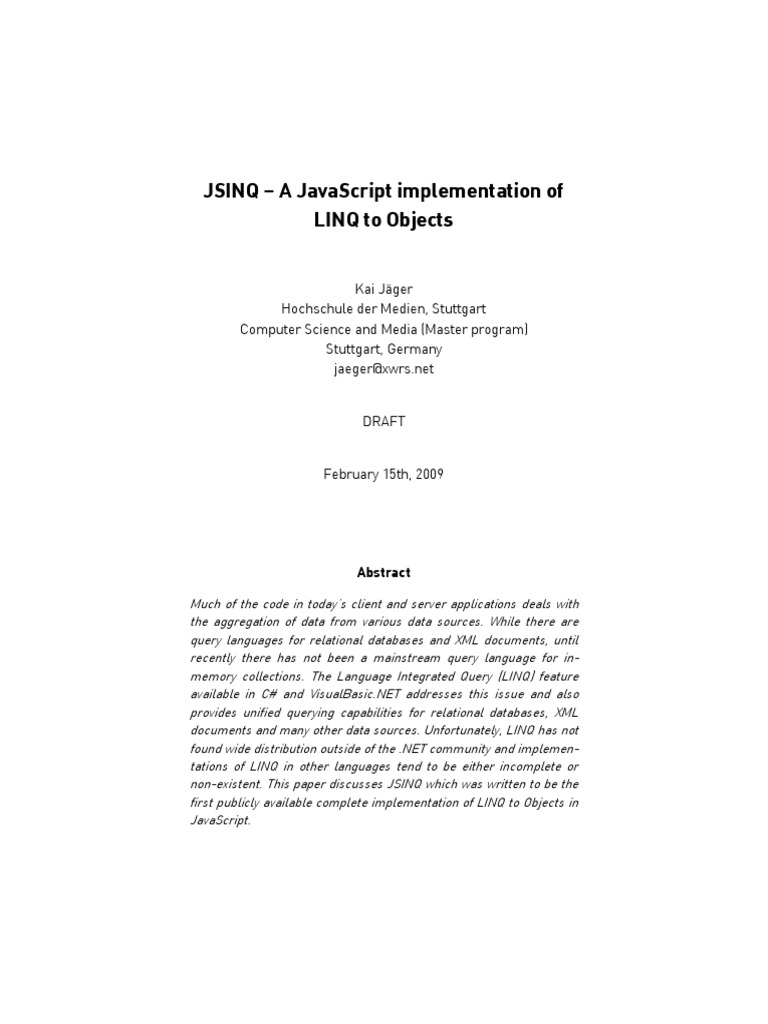 Jsinq A Javascript Implementation of Linq To Objects | PDF | Language Integrated Query | C Sharp ...