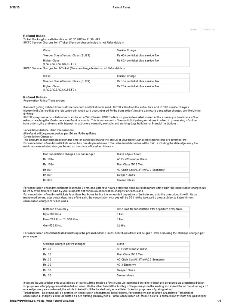Irctc Refund Rules | PDF | Ticket (Admission) | Financial Transaction
