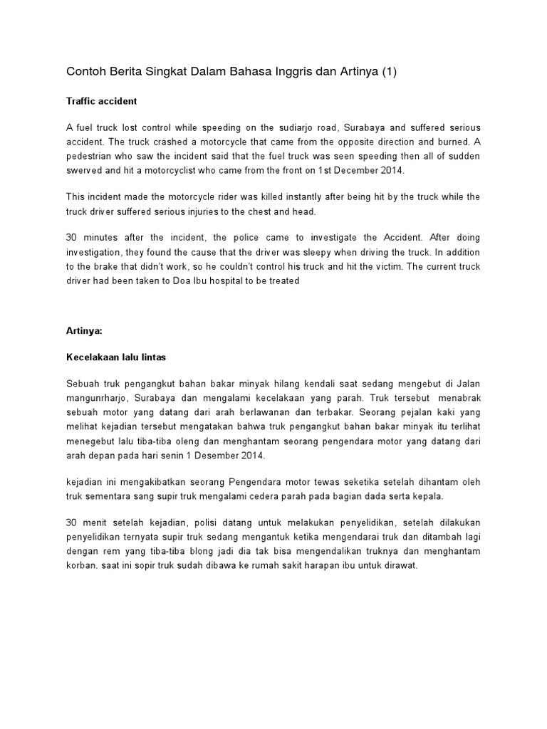 Contoh Berita Singkat Dalam Bahasa Inggris Dan Artinya | PDF