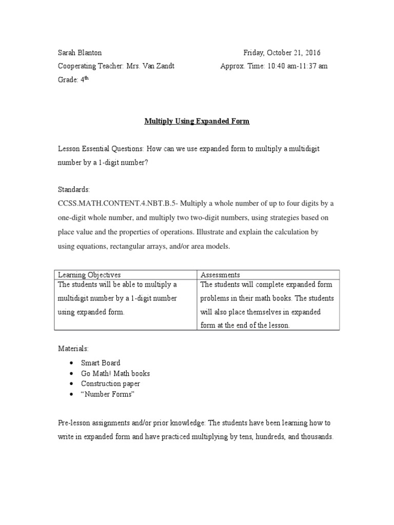 Multiply Using Expanded Form: Ccss - Math.Content.4.Nbt.B.5 | PDF ...