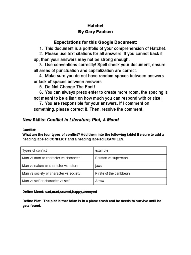 Hatchet by Gary Paulsen Expectations For This Google Document | PDF