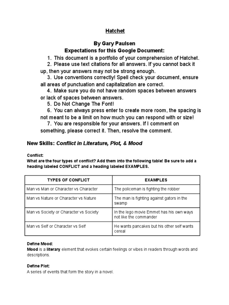 Hatchet by Gary Paulsen Expectations For This Google Document | PDF ...