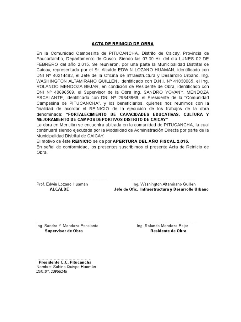 Acta de Reinicio de Obra Pitucancha | PDF