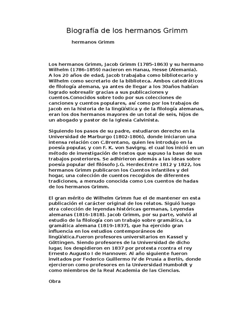 Biografía De Los Hermanos Grimm Pdf Hermanos Grimm