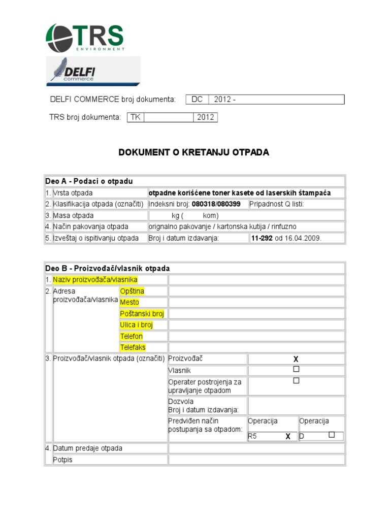 Dokument o Kretanju Praznih Kaseta | PDF
