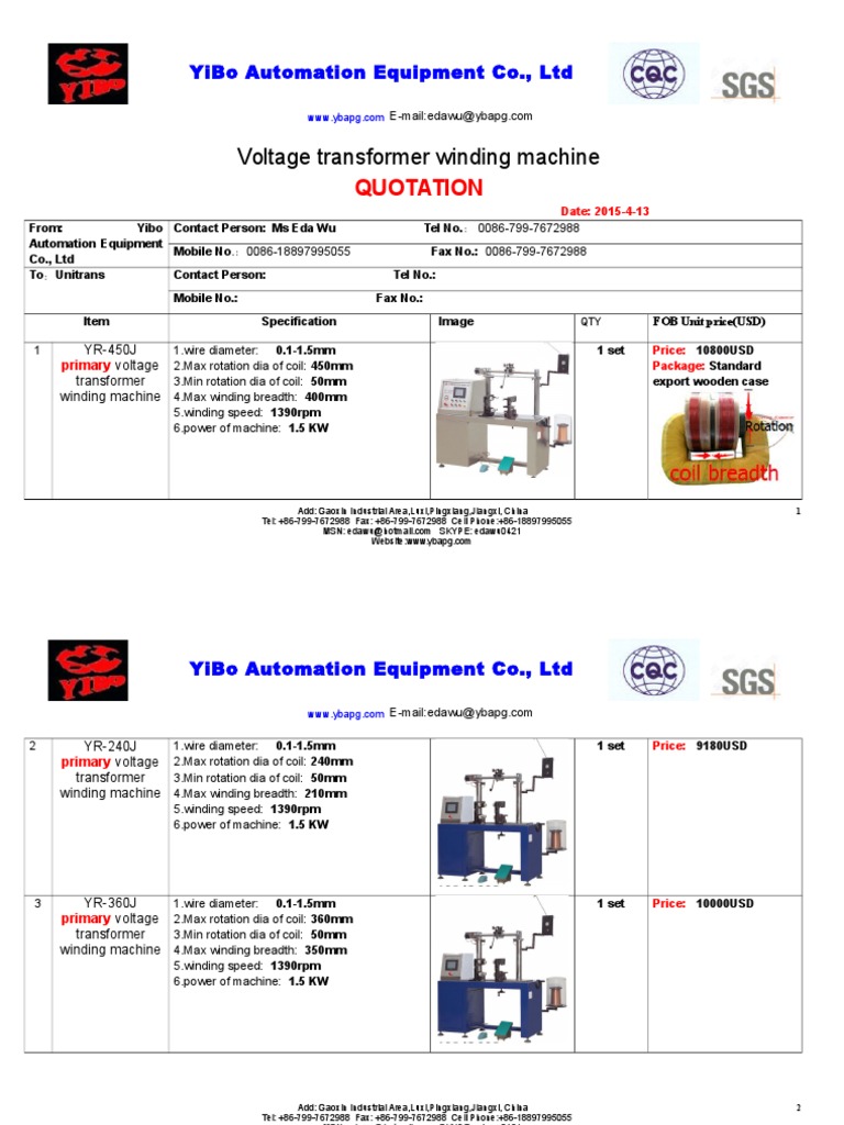 Transformer Winding Machine Quotation | PDF | Sales | Transformer