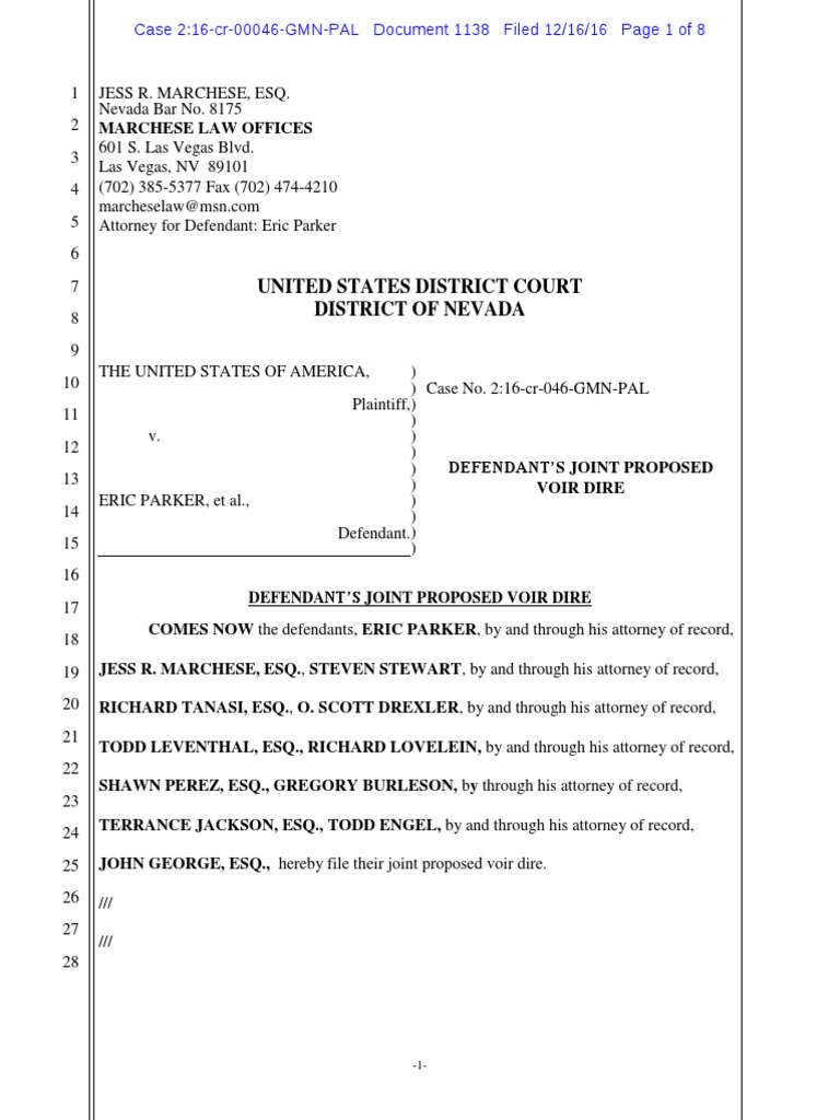 Parker [1138] Defendants Proposed Voir Dire Jury Questions | Reasonable ...