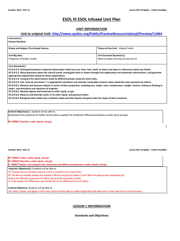 esol 3 unit plan modification | Lesson Plan | Educational Assessment ...