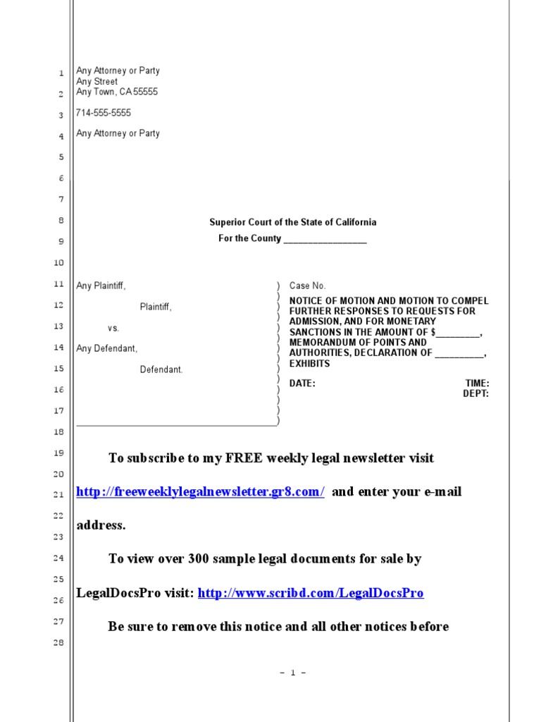 Sample Motion to Compel further answers to requests for admission in ...